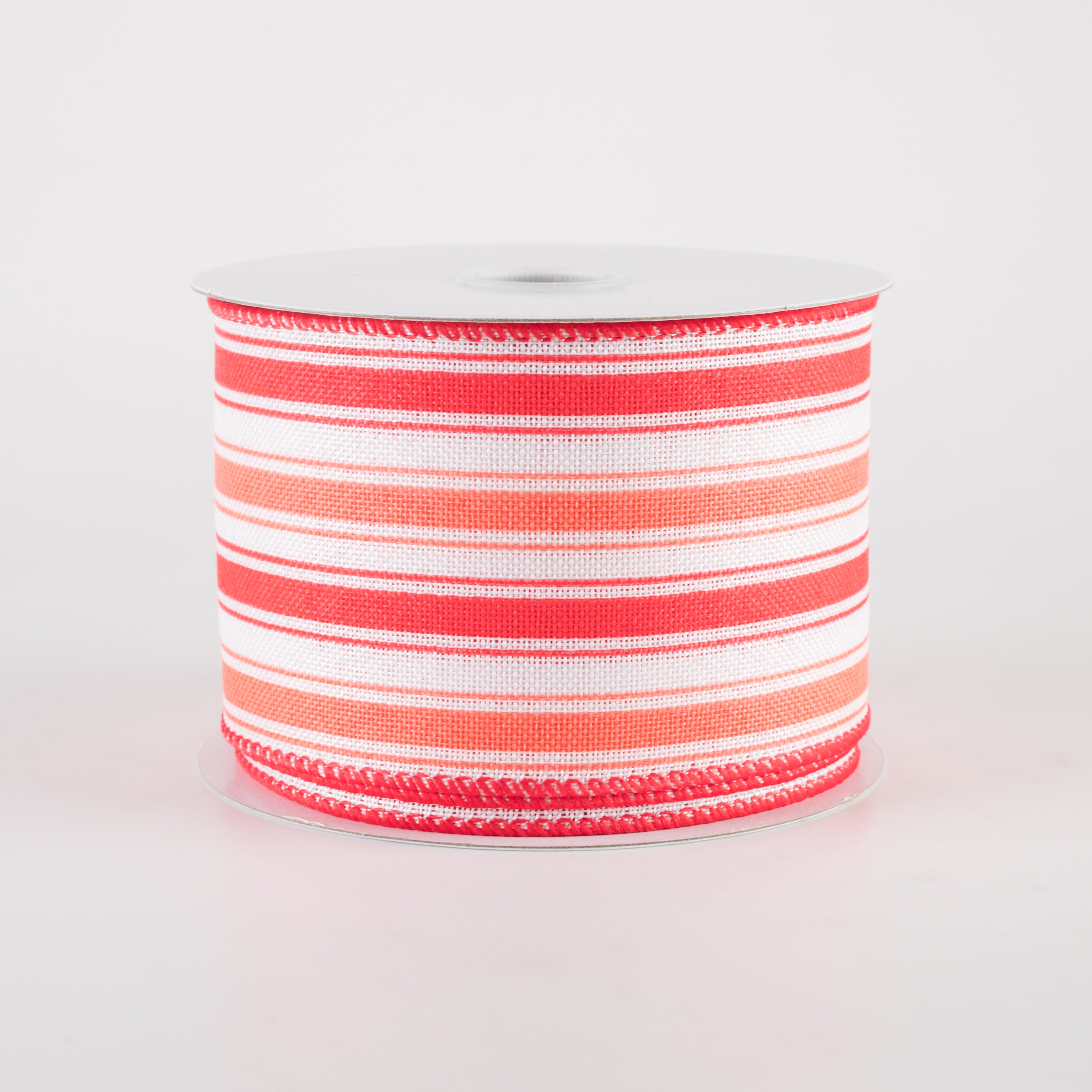 2.5" Linen Ticking Stripes Ribbon: White, Coral, Melon (10 Yards)