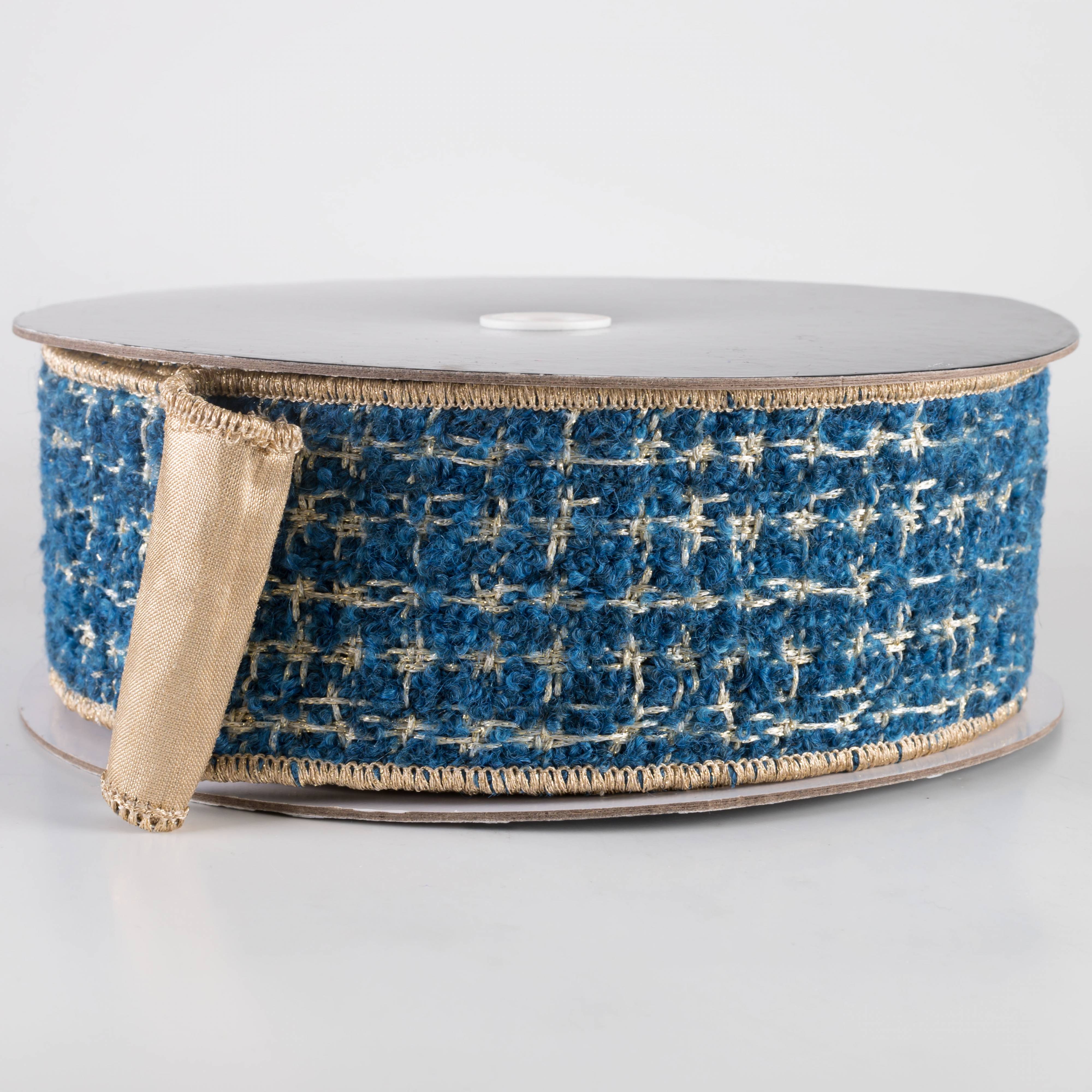 2.5" Metallic Backed Tweed Ribbon: Blue & Gold (10 Yards)