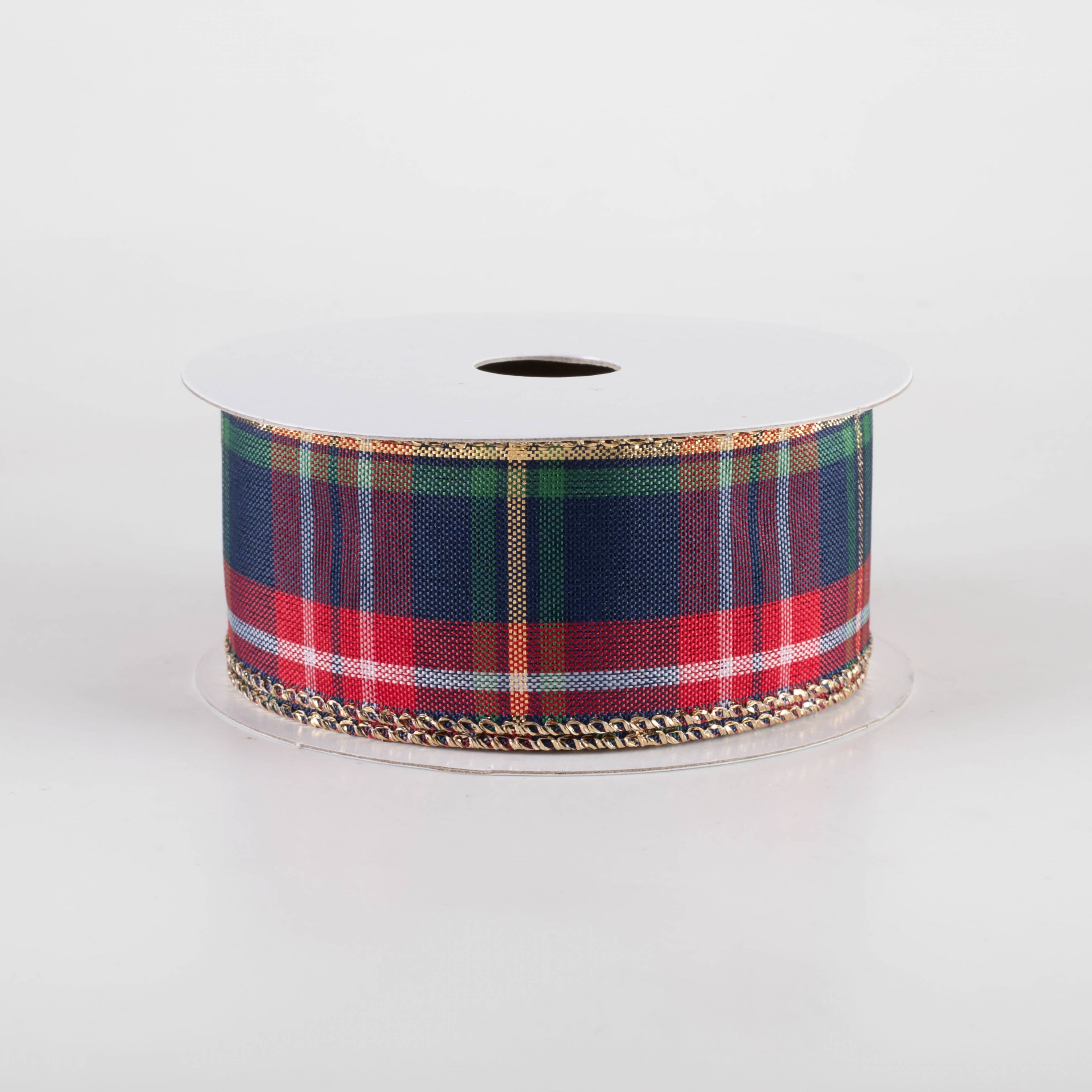 1.5" Metallic Craig Plaid Ribbon: Navy, Red, Green (10 Yards)
