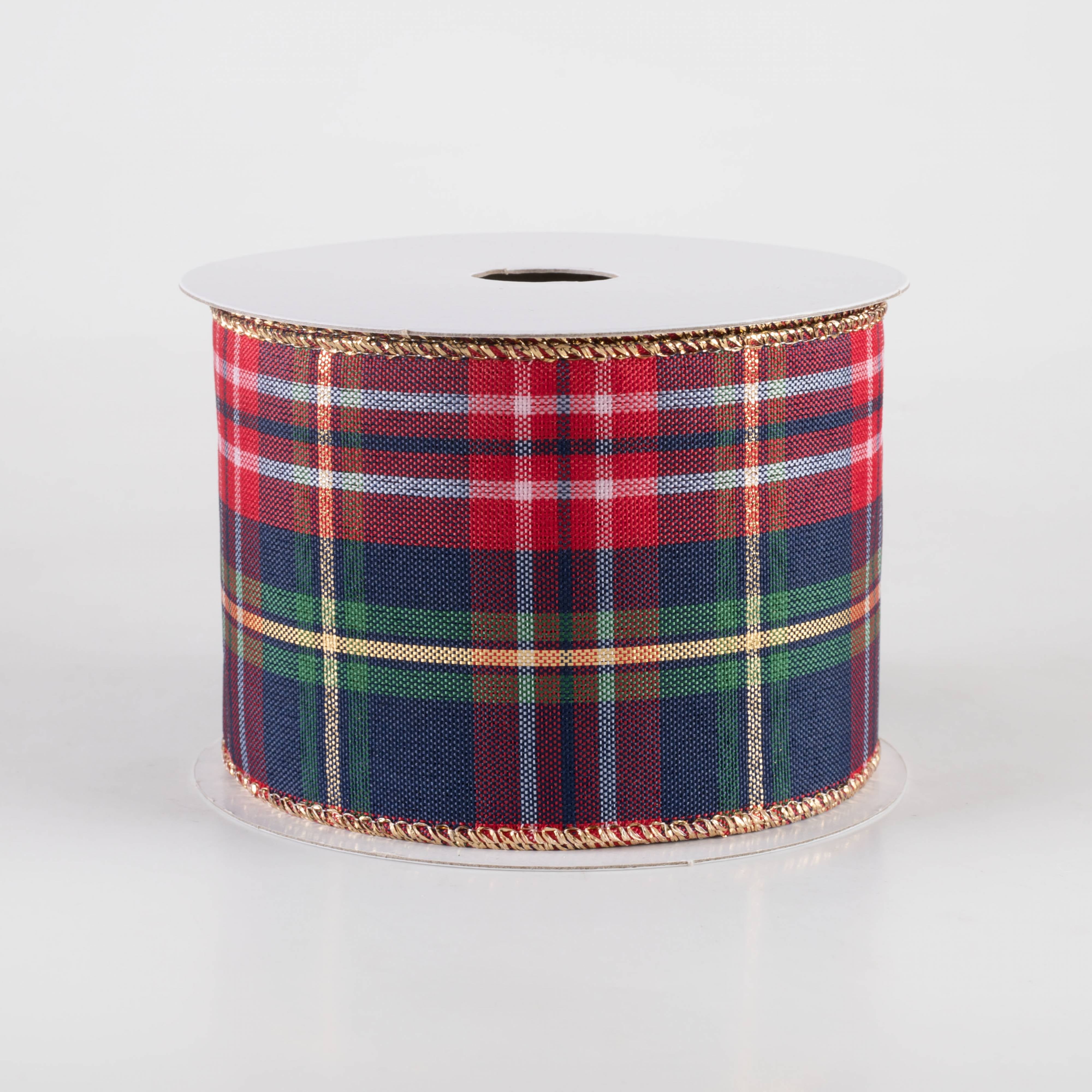 2.5" Metallic Craig Plaid Ribbon: Navy, Red, Green (10 Yards)