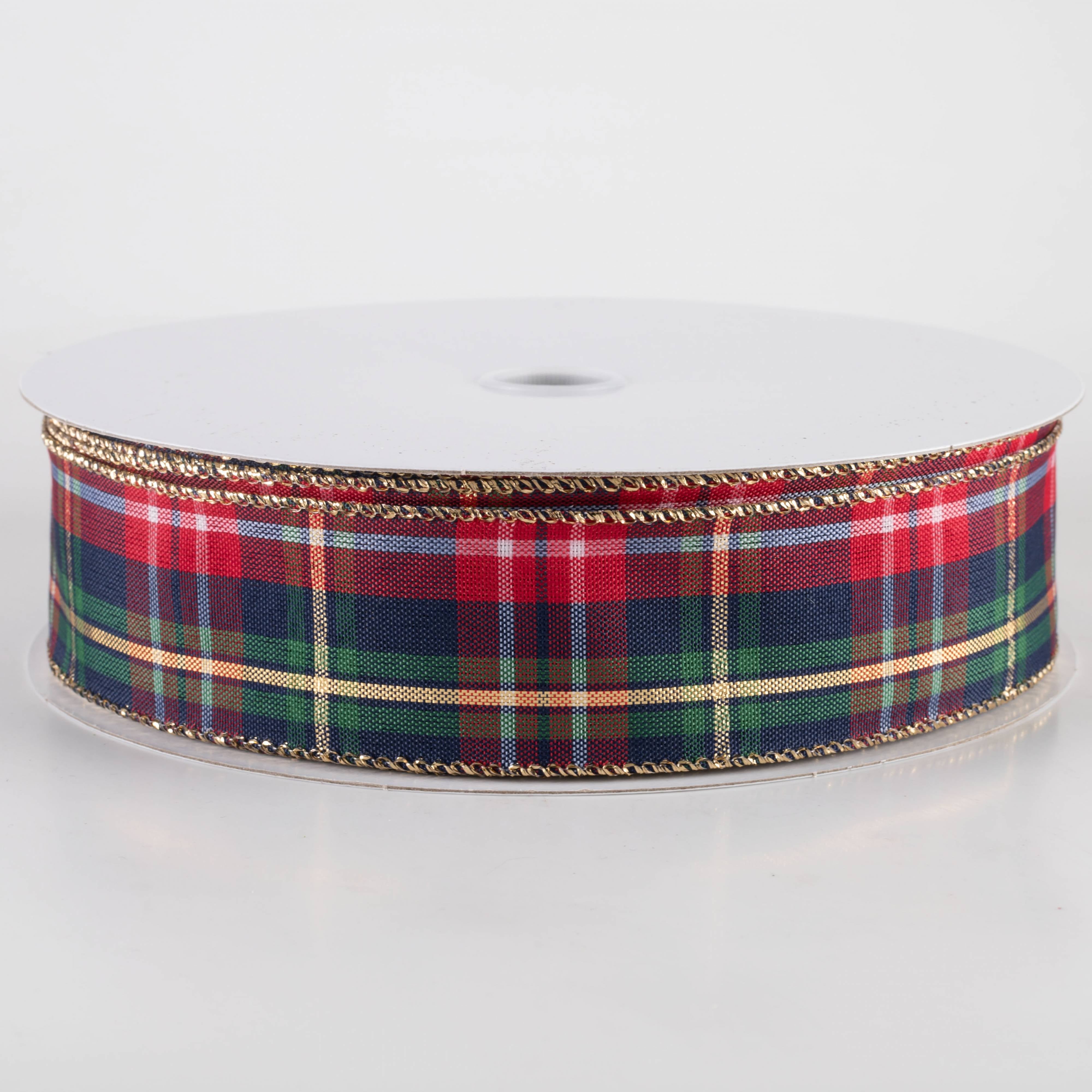 1.5" Metallic Craig Plaid Ribbon: Navy, Red, Green (50 Yards)