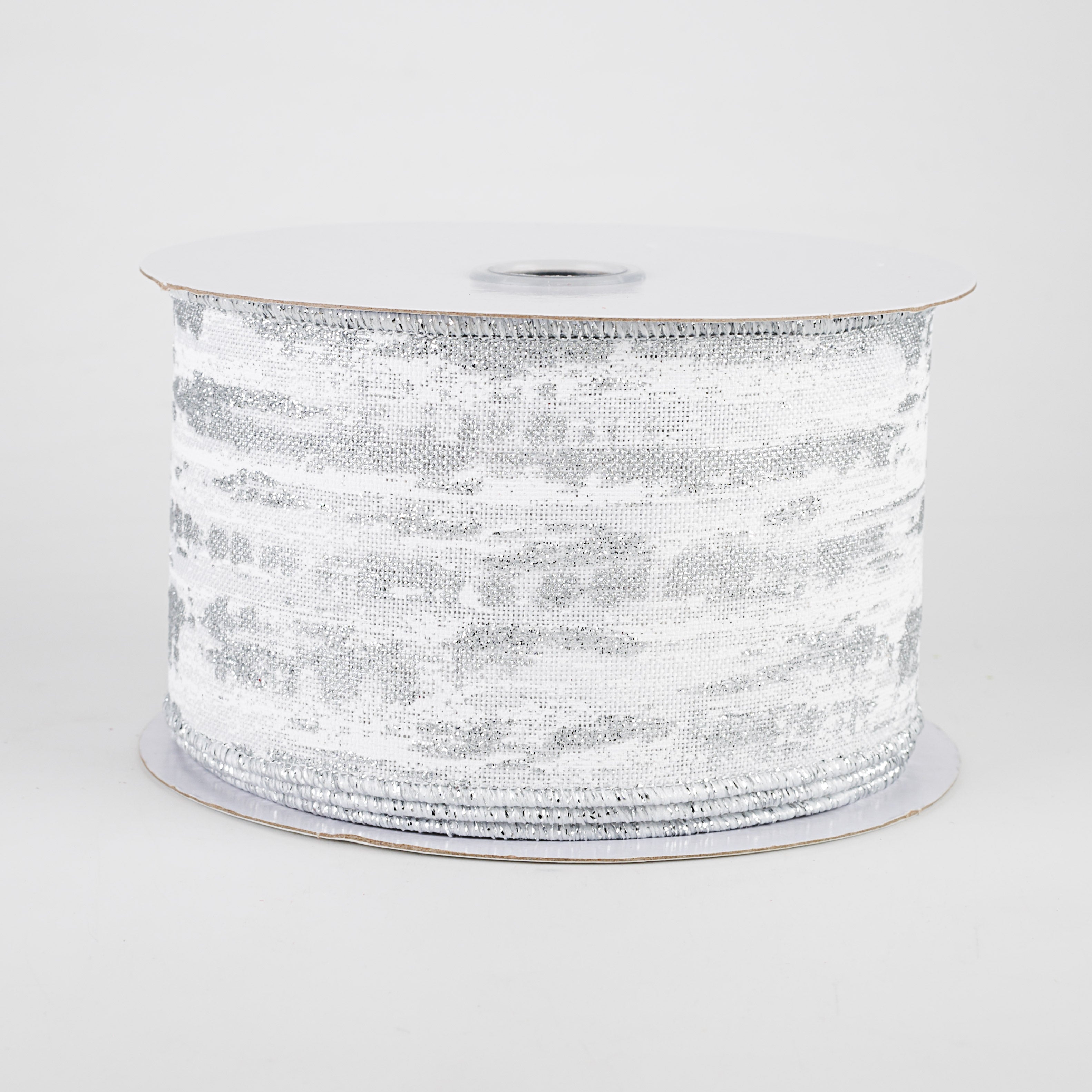 2.5" Metallic Glitter Snow Ribbon: White & Silver (10 Yards)