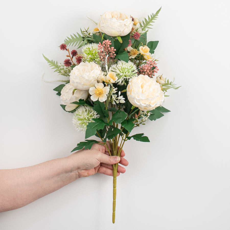 20" Peony & Globe Thistle Half Bush: Cream, Burgundy, White