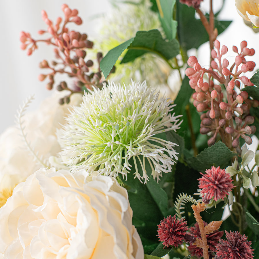 20" Peony & Globe Thistle Half Bush: Cream, Burgundy, White