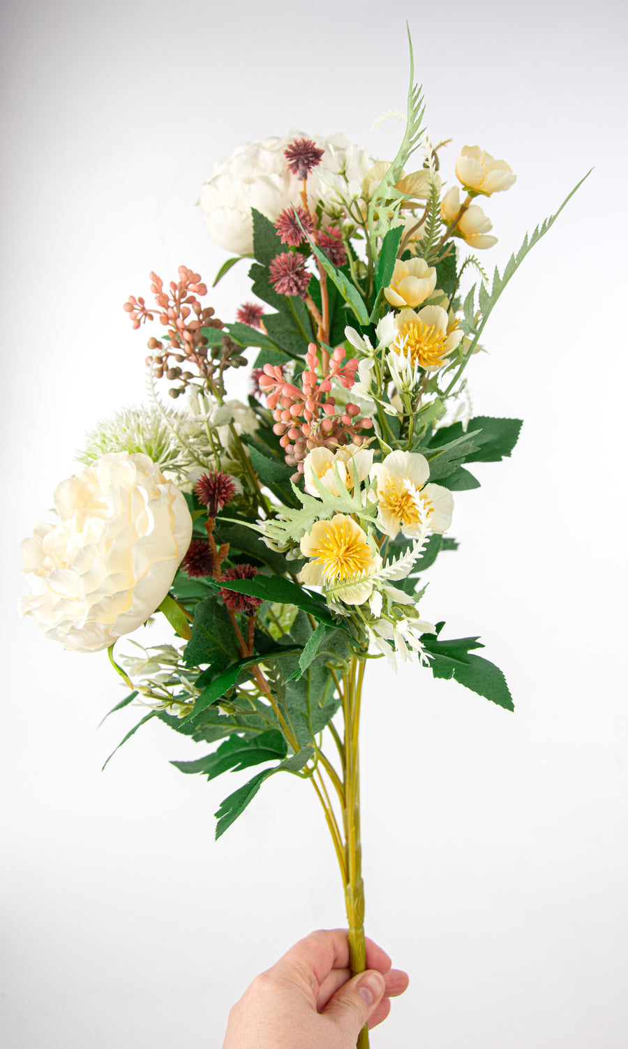 20" Peony & Globe Thistle Half Bush: Cream, Burgundy, White