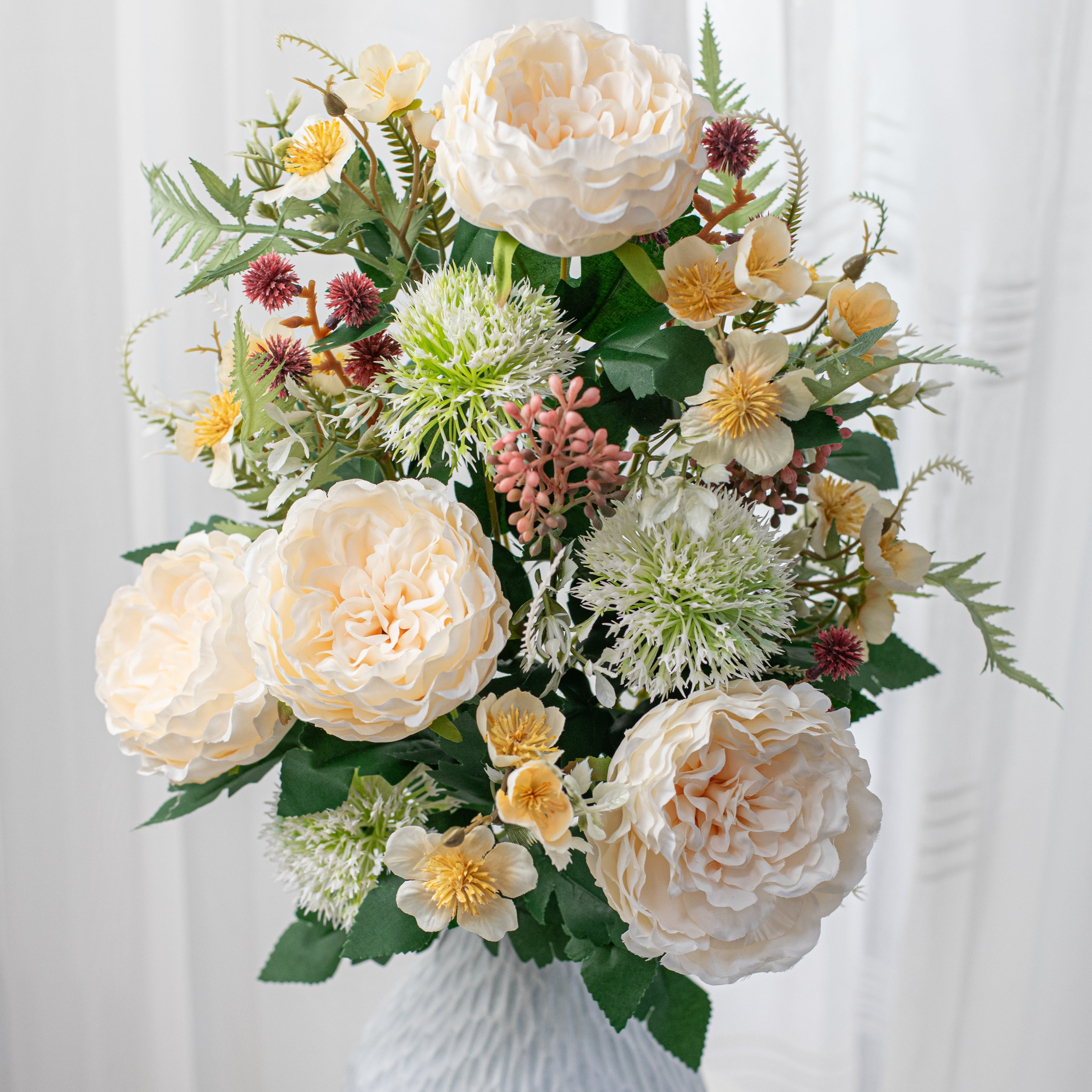 20" Peony & Globe Thistle Half Bush: Cream, Burgundy, White