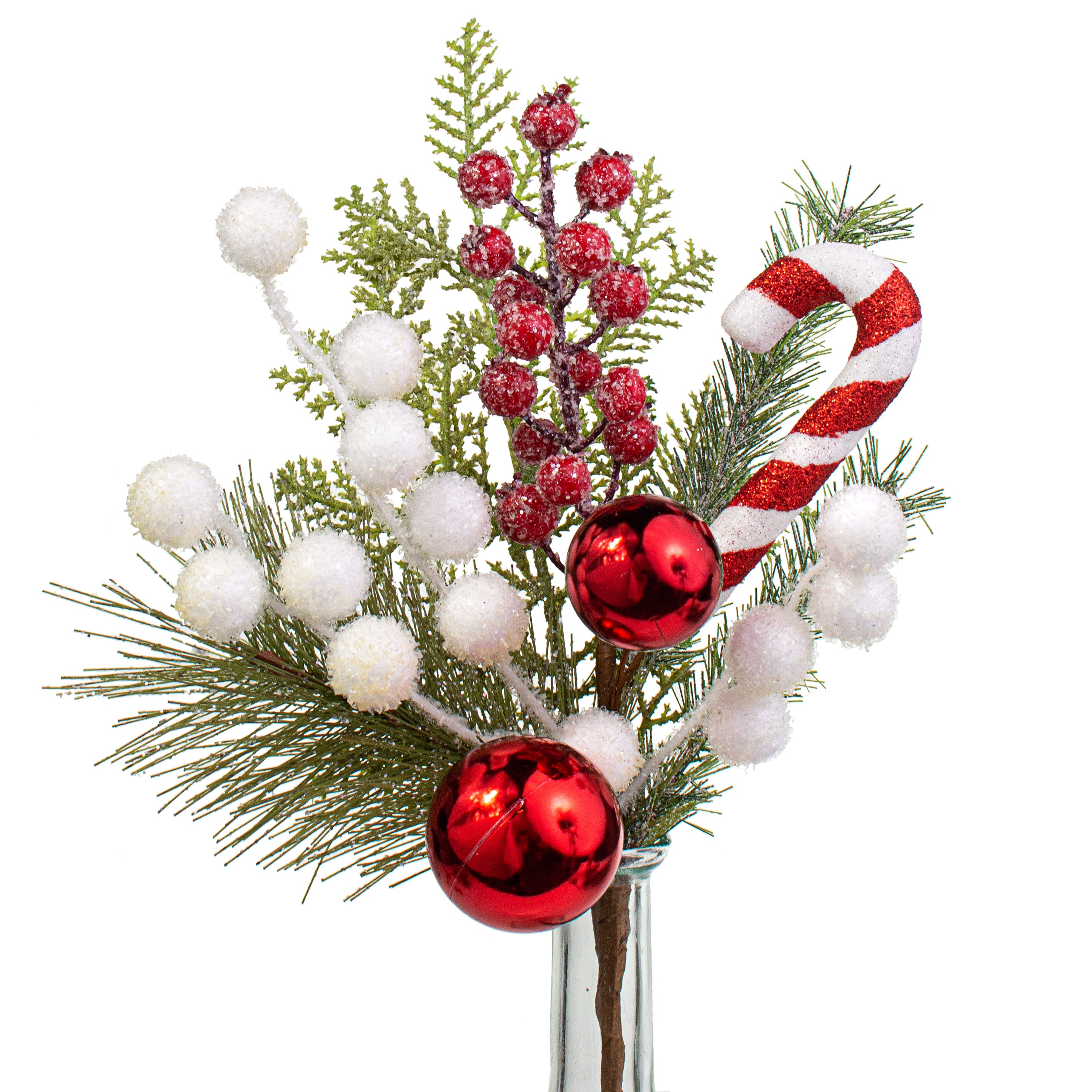 14" Pine, Berry, Candy Cane Pick