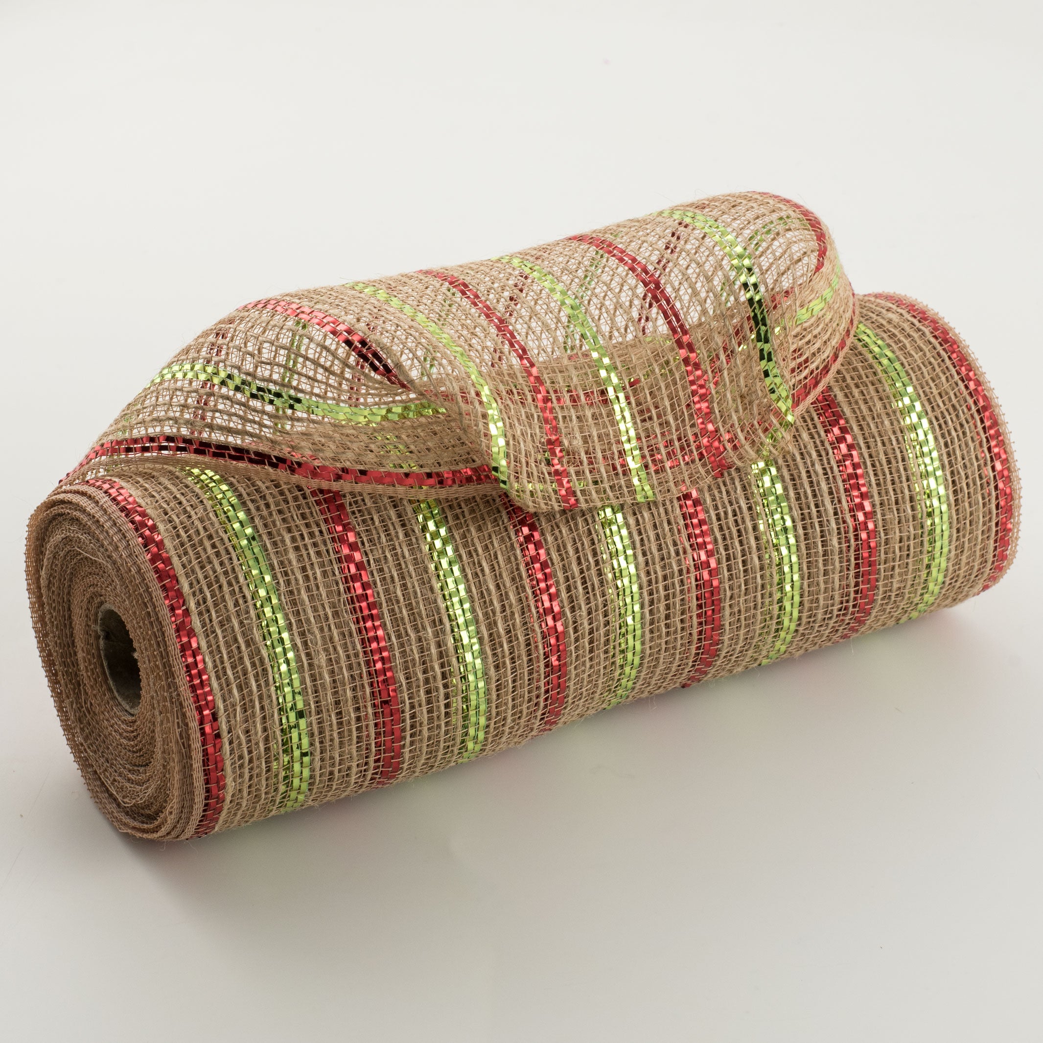 10" Poly Jute Deco Mesh: Natural & Lime/Red Metallic Stripe (10 Yards)