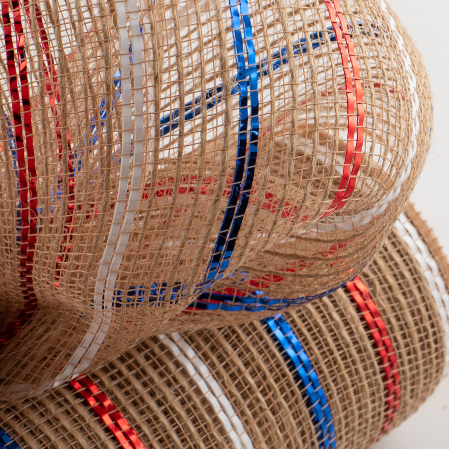 10" Poly Jute Deco Mesh: Natural With Red, White, Blue (10 Yards)