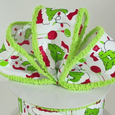 2.5" Furry Edge Green Monster Elf Legs Ribbon: White (10 Yards)
