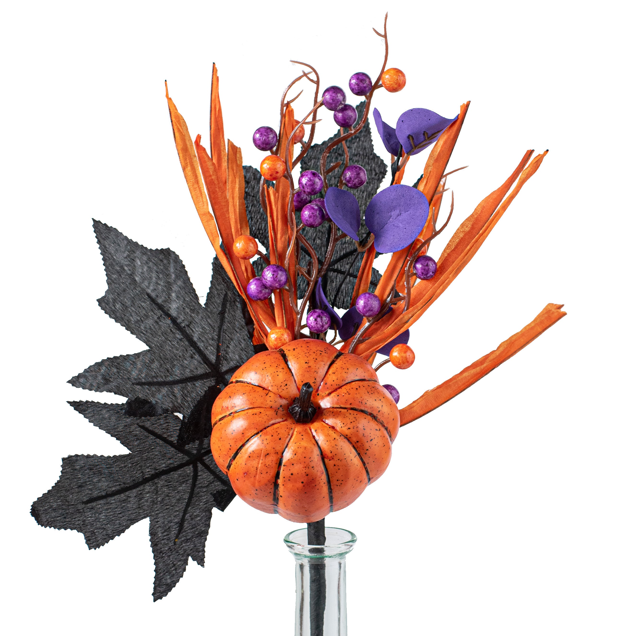 15" Pumpkin, Berries, Leaves and Grass Pick: Orange, Black & Purple