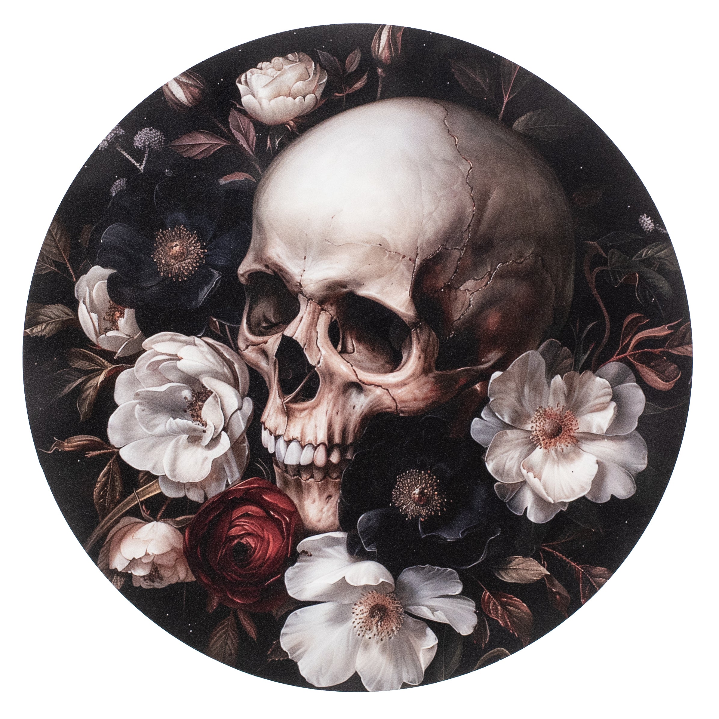 10.5" Round Waterproof Sign: Black, White & Red Floral Skull