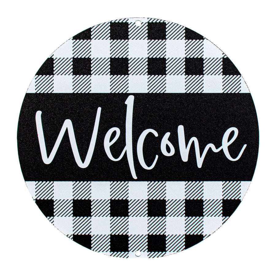 9.4" Round Waterproof Sign: Buffalo Plaid Welcome White & Black