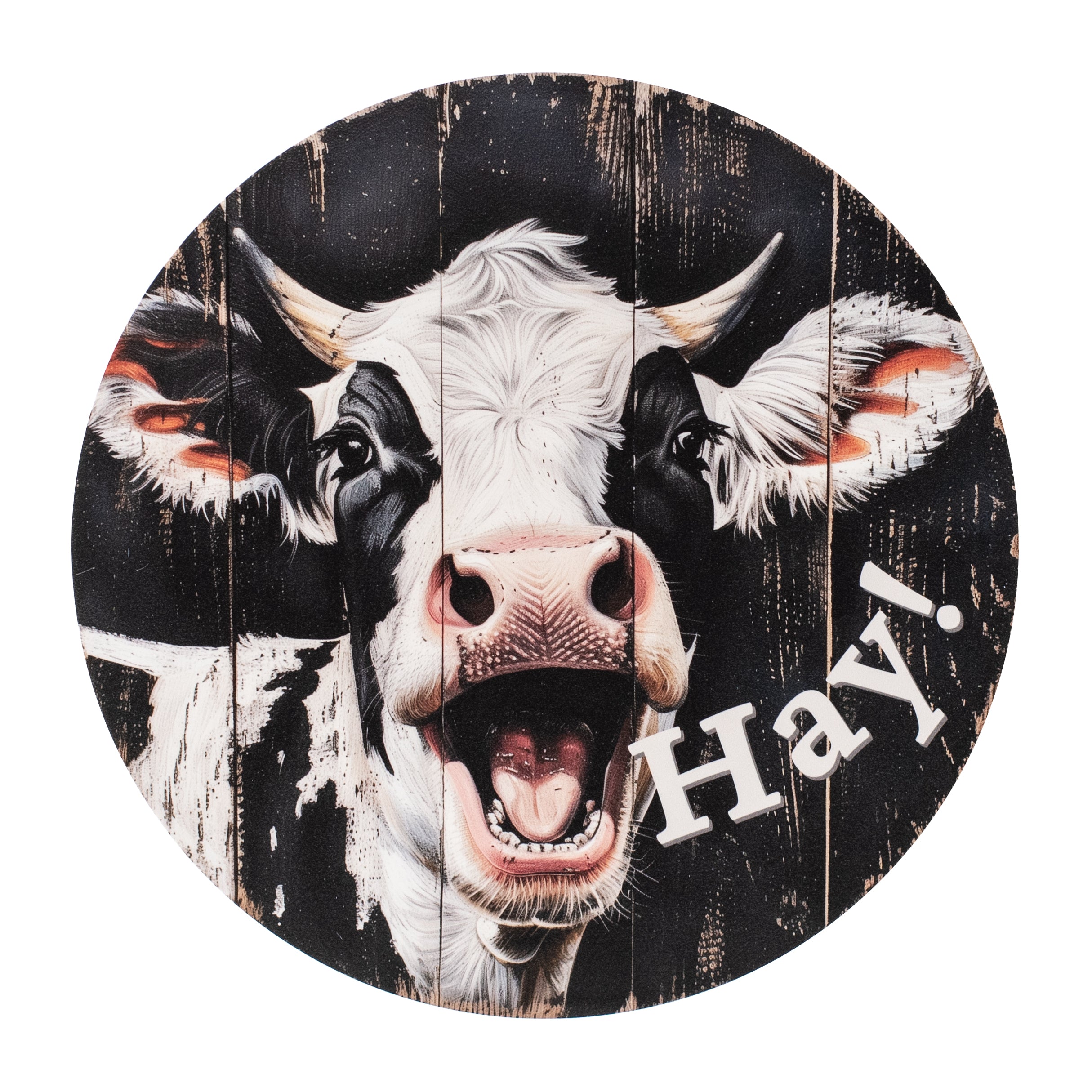 10.5" Round Waterproof Sign: Hay Smiling Cow
