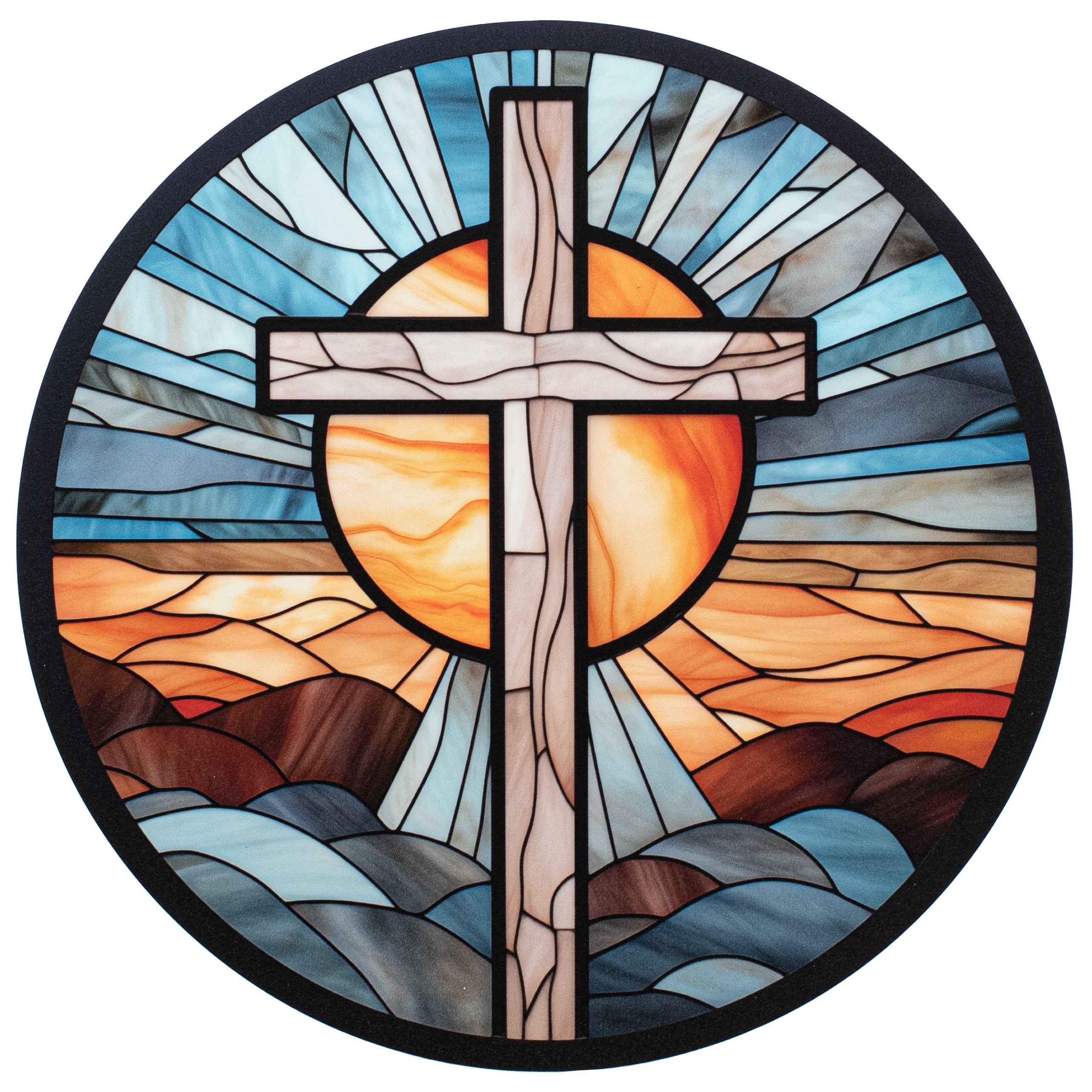 11.75" Round Waterproof Sign: Stained Glass Easter Cross