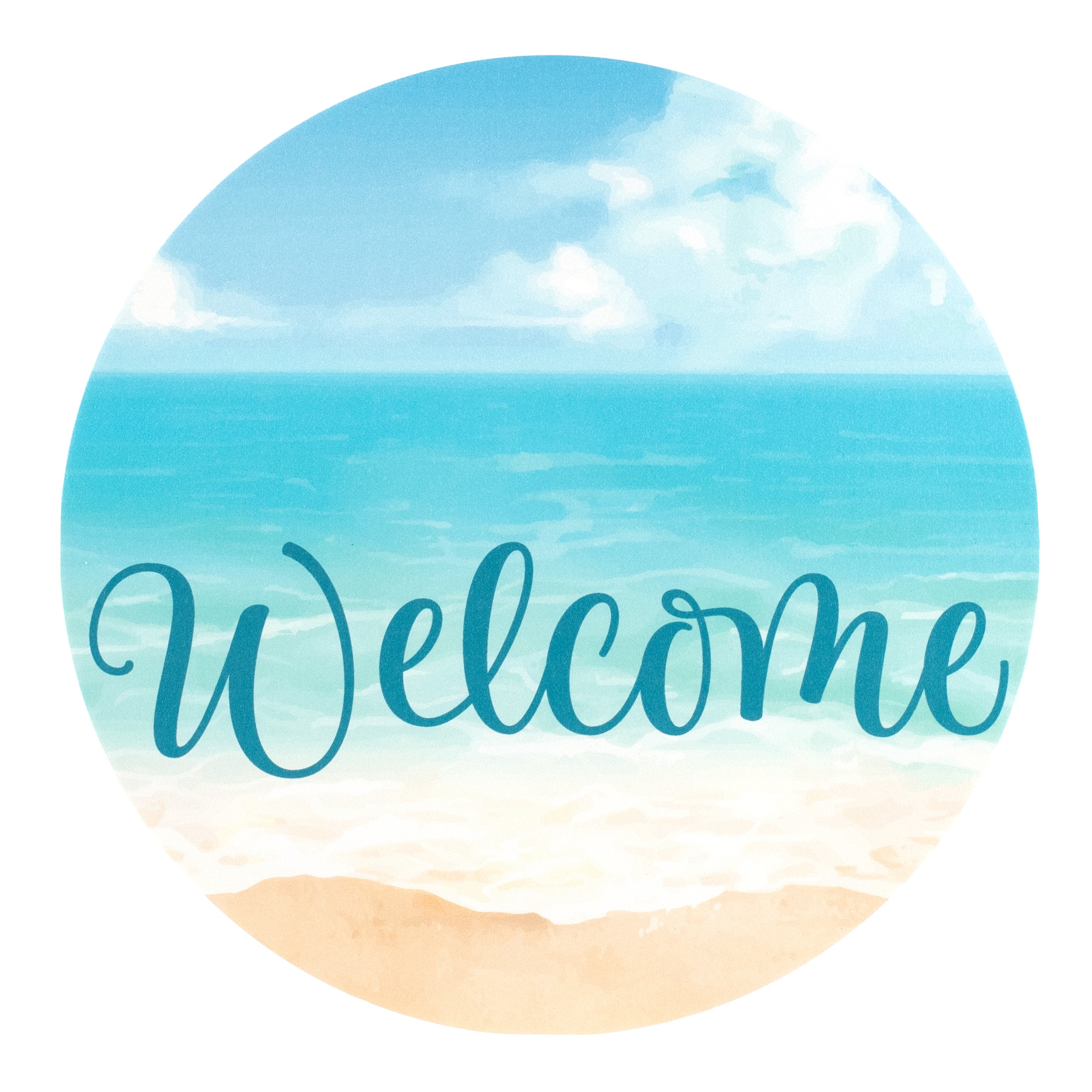 9.4" Round Waterproof Sign: Watercolor Beach Welcome