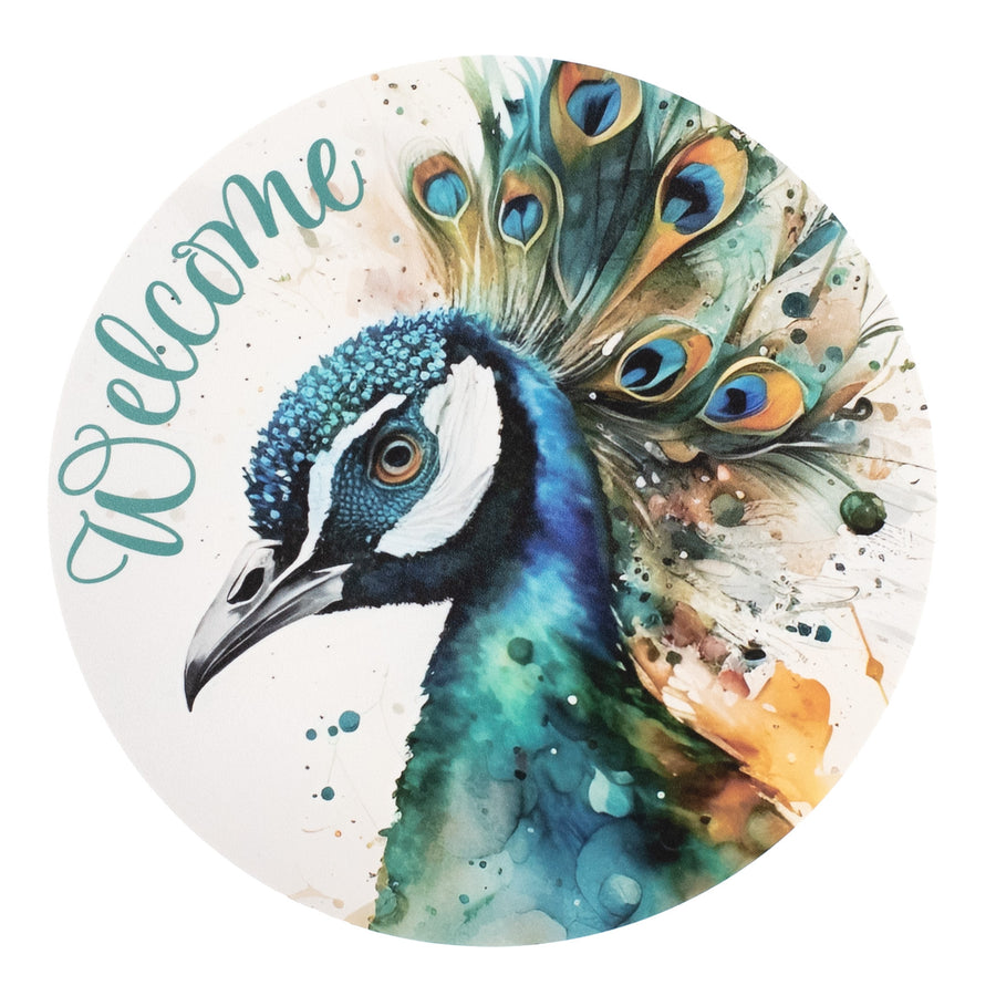 9.4" Round Waterproof Sign: Watercolor Peacock
