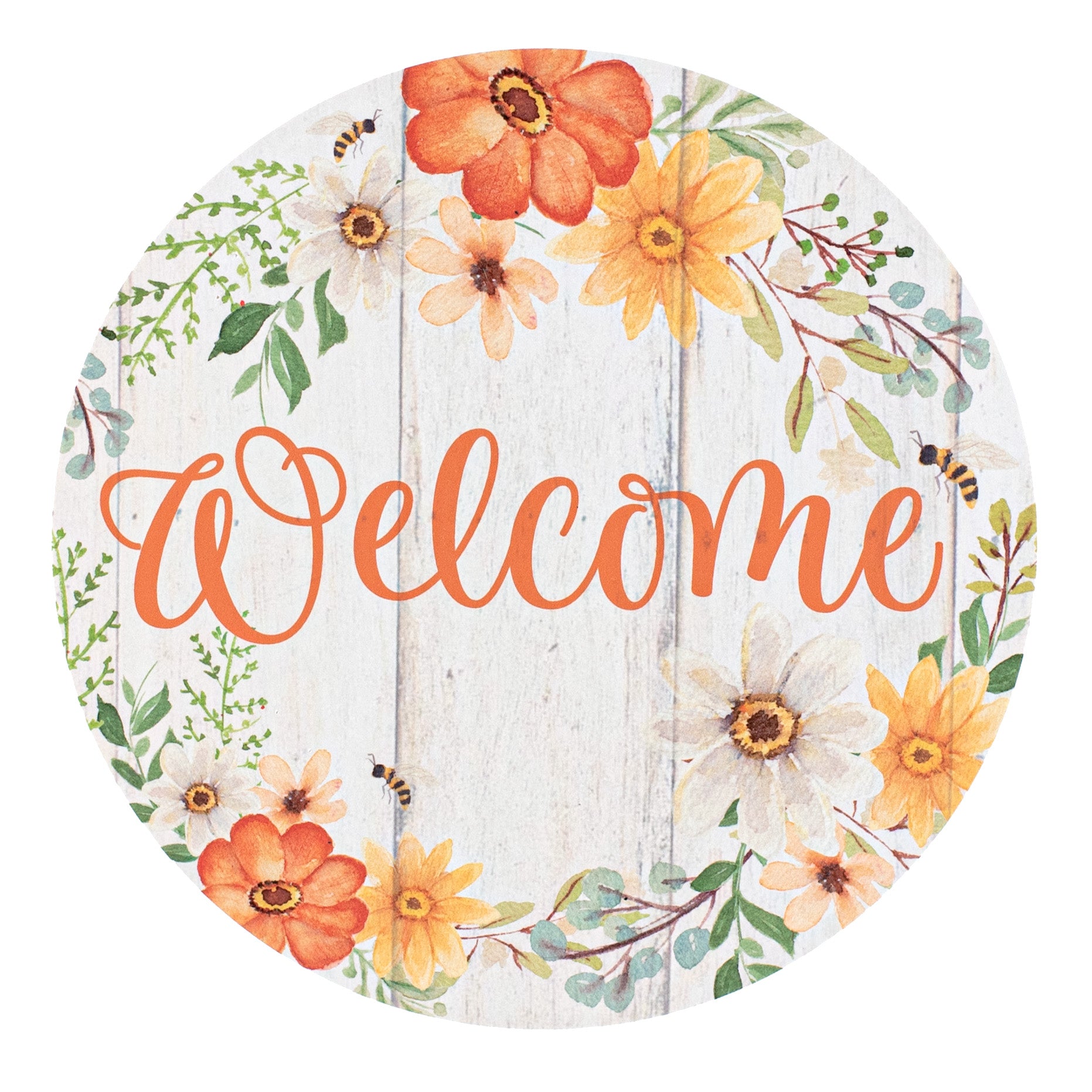 9.4" Round Waterproof Sign: Welcome Floral Bees