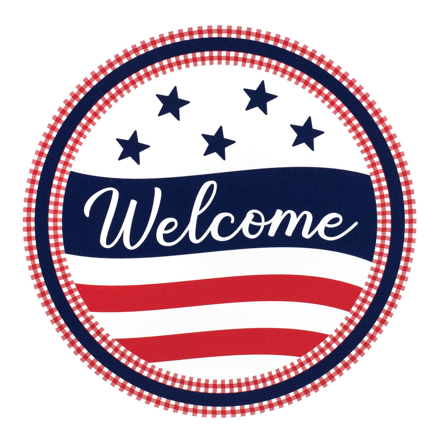 9.4" Round Waterproof Sign: Welcome Gingham USA Flag