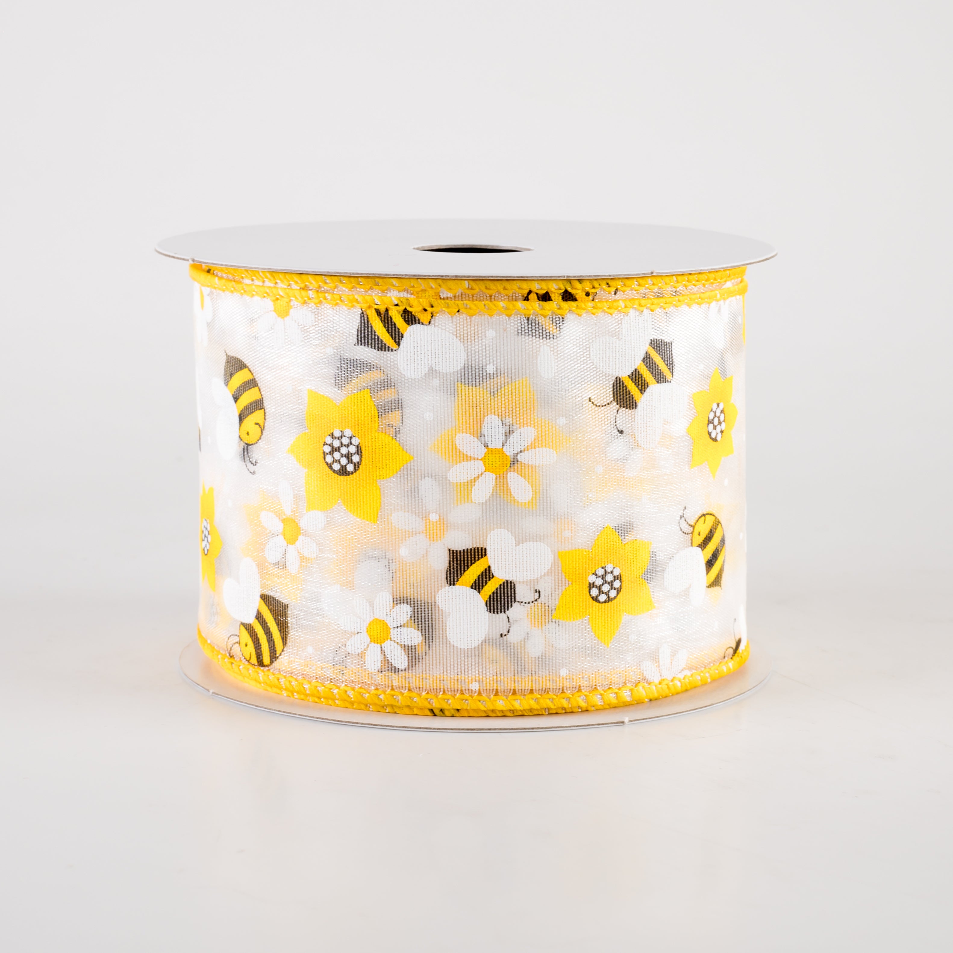 2.5" Sheer Happy Bumble Bees and Daisies Ribbon (10 Yards)
