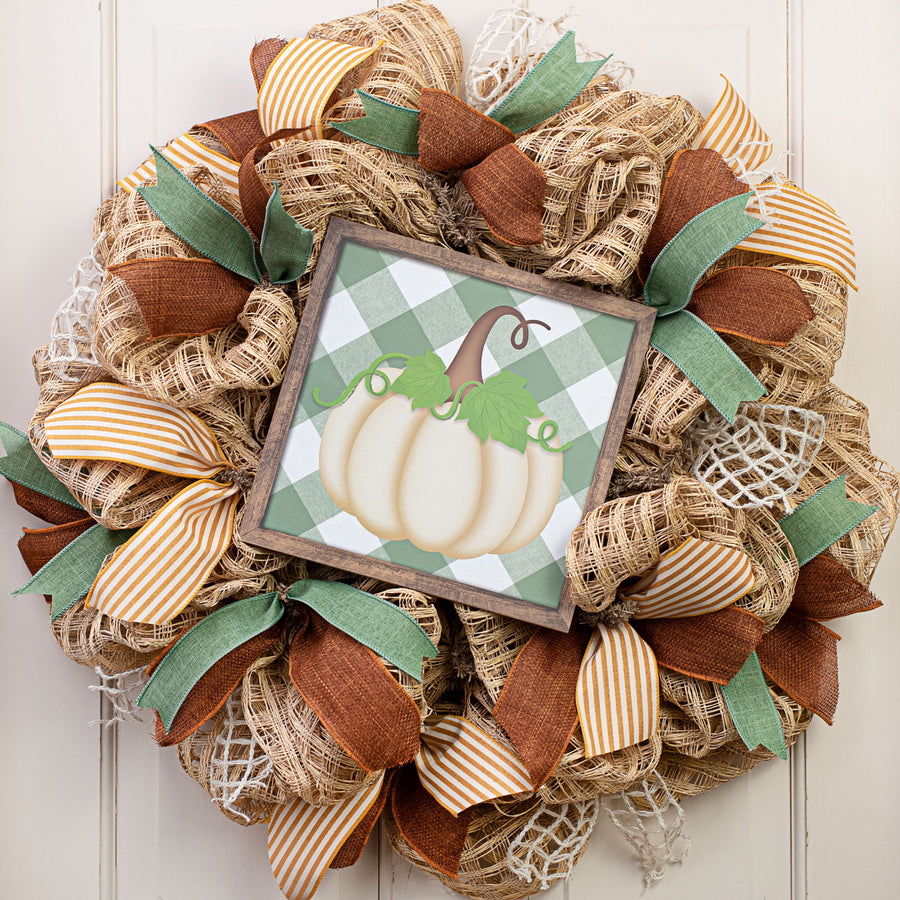 10" Square Short Pumpkin Check Sign: Sage & Cream