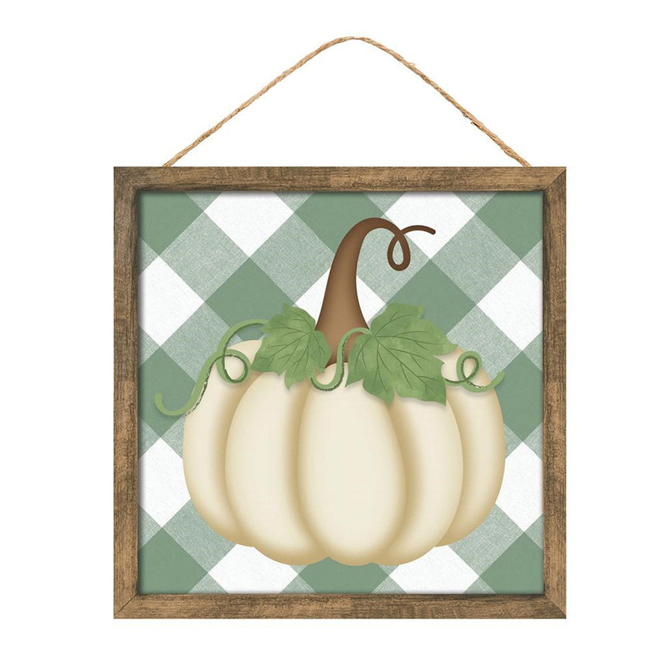 10" Square Short Pumpkin Check Sign: Sage & Cream