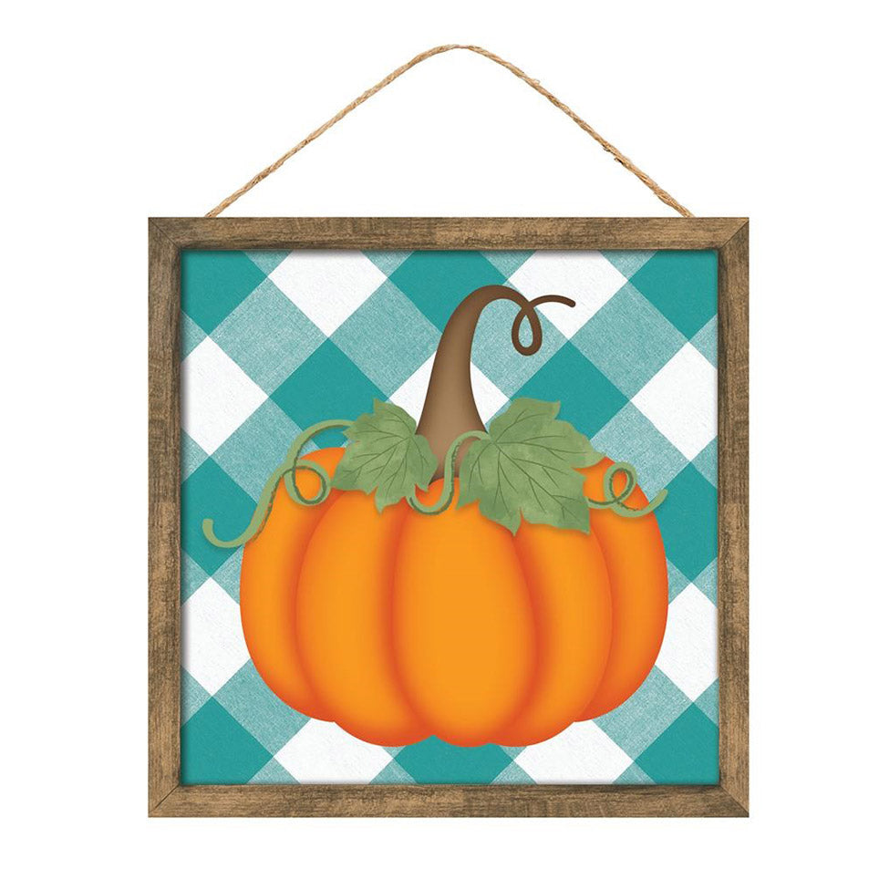 10" Square Short Pumpkin Check Sign: Teal & Orange