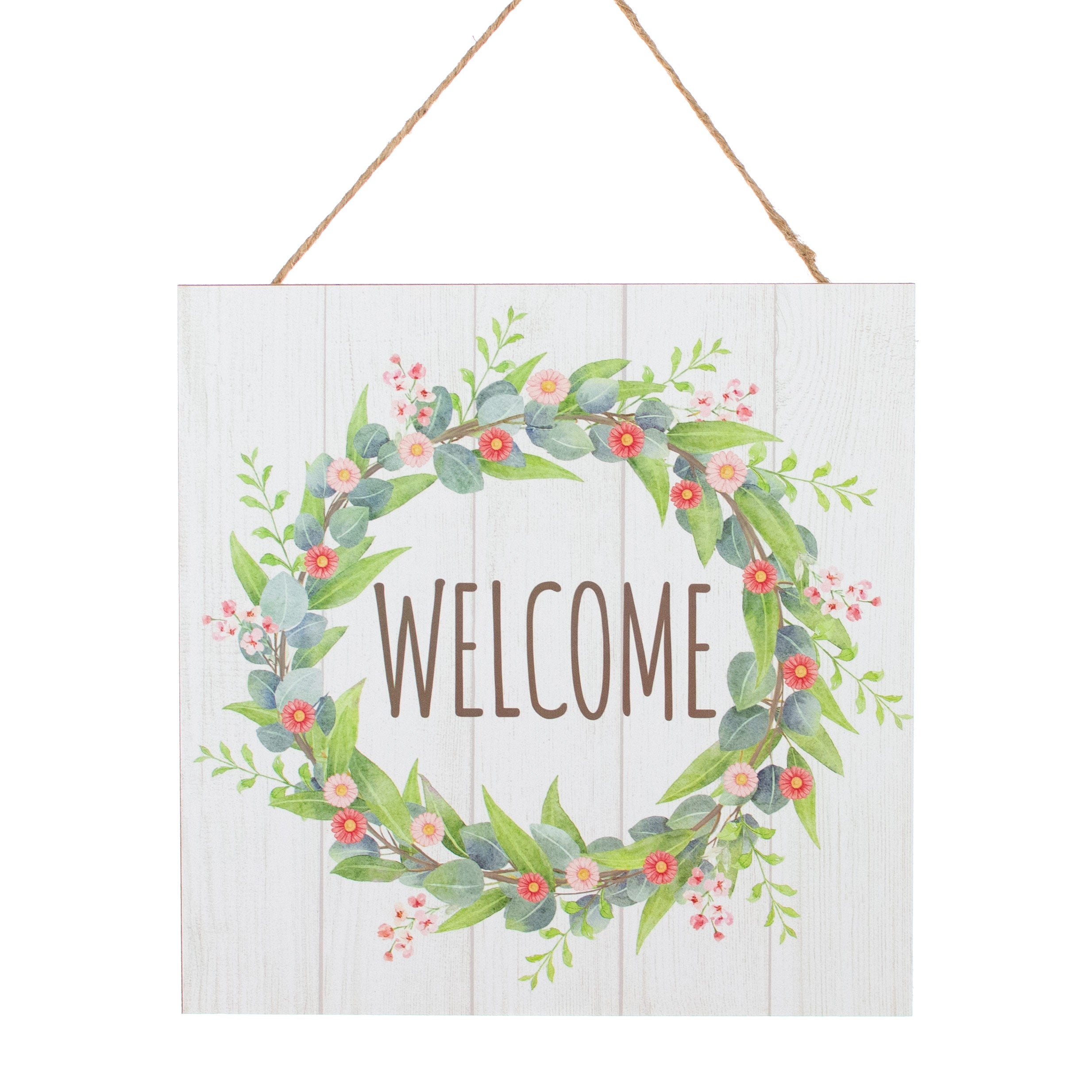 10" Square Wooden Sign: Welcome Floral Wreath