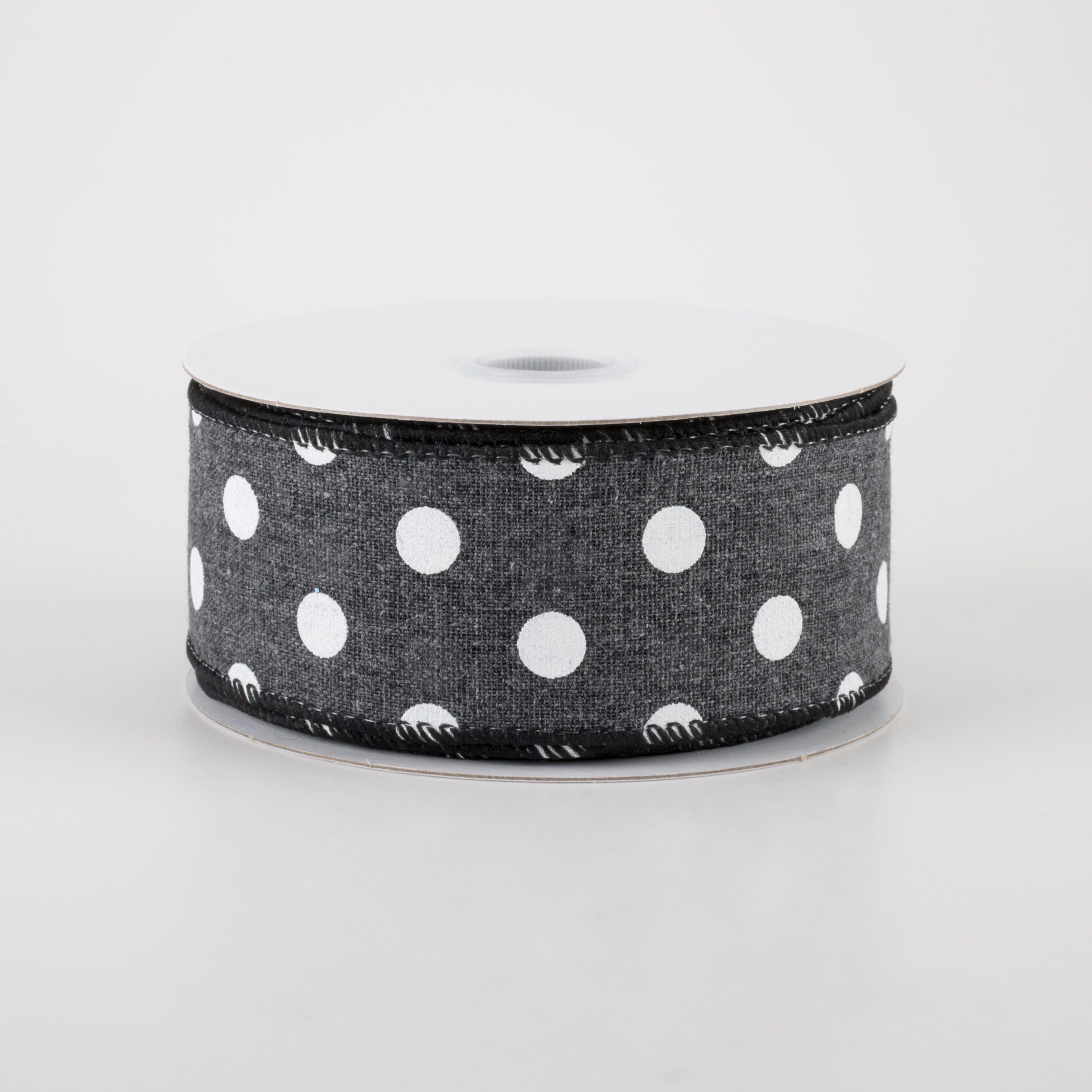 1.5" Stiff Linen Polka Dot Ribbon: Charcoal Black (10 Yards)
