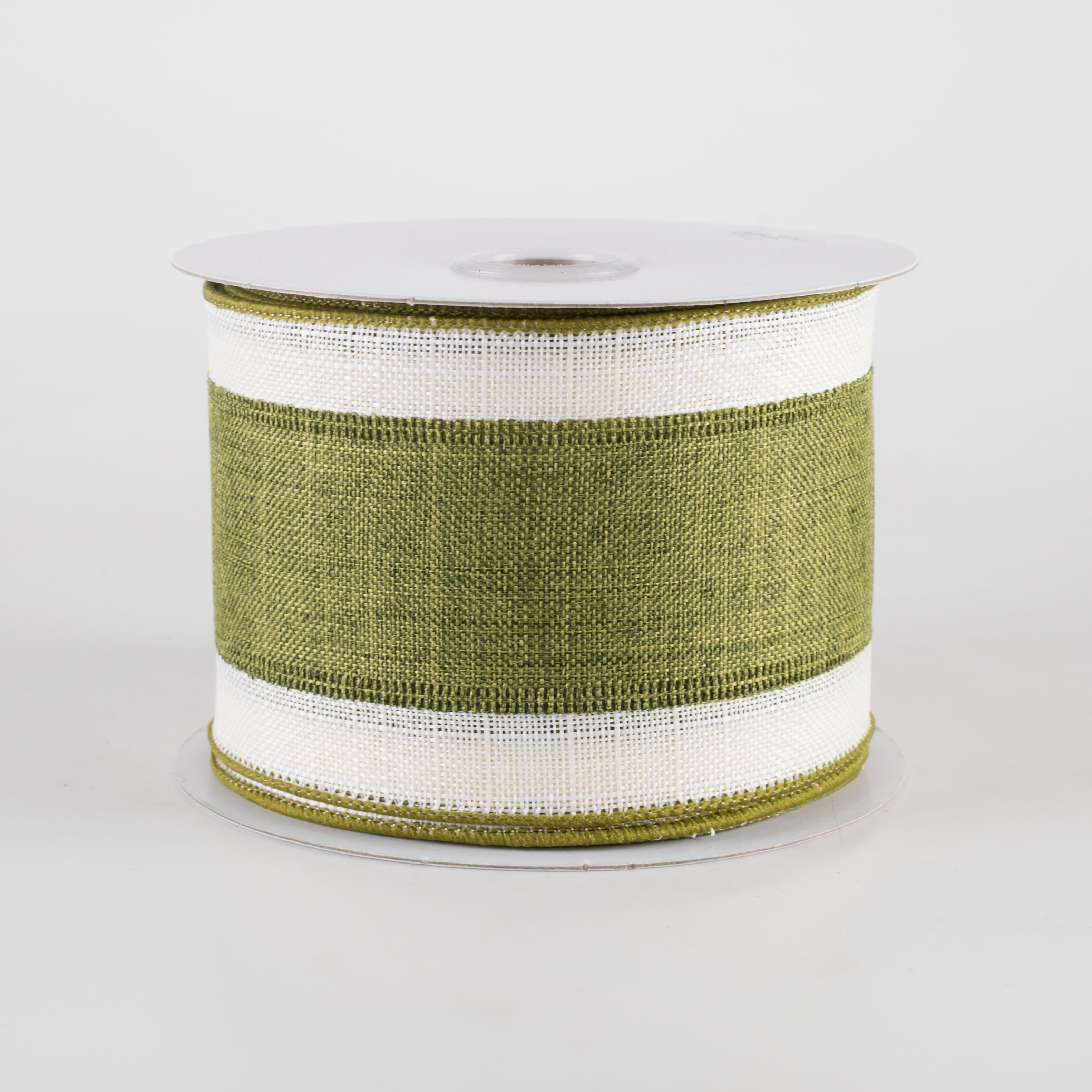 2.5" Textured Linen Overlay Stripe Ribbon: Moss on Ivory (10 Yards)