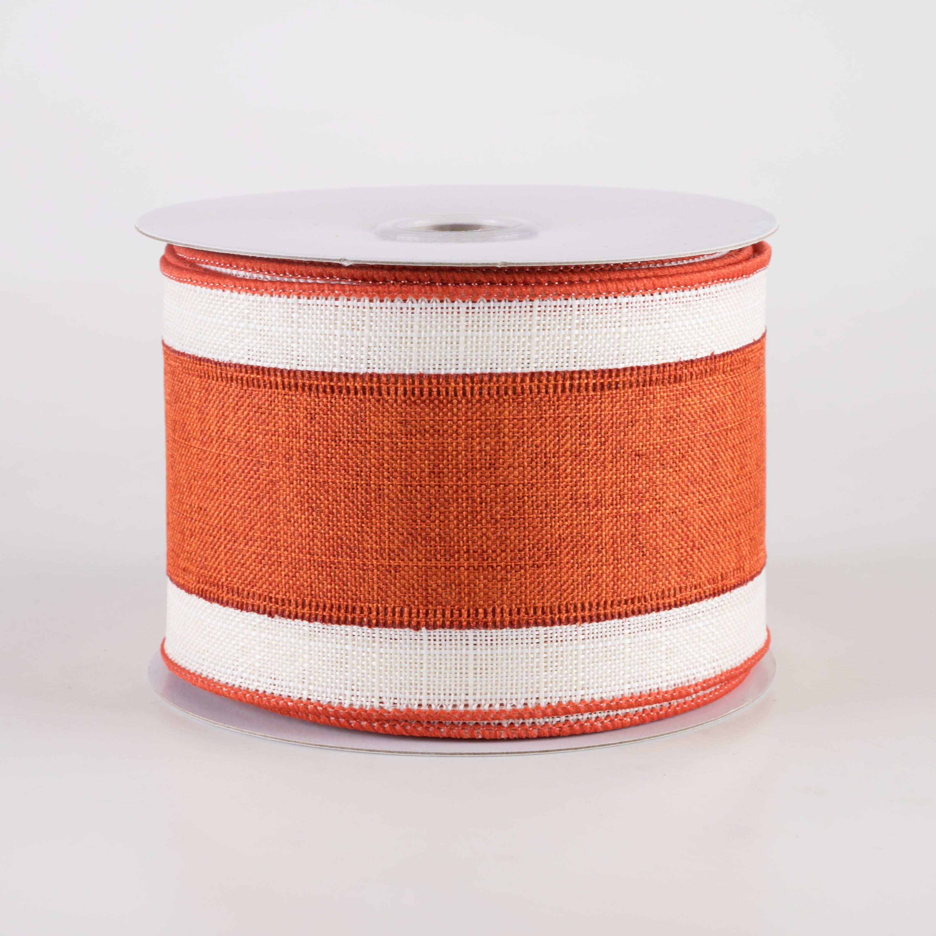 2.5" Textured Linen Overlay Stripe Ribbon: Rust Orange on Ivory (10 Ya