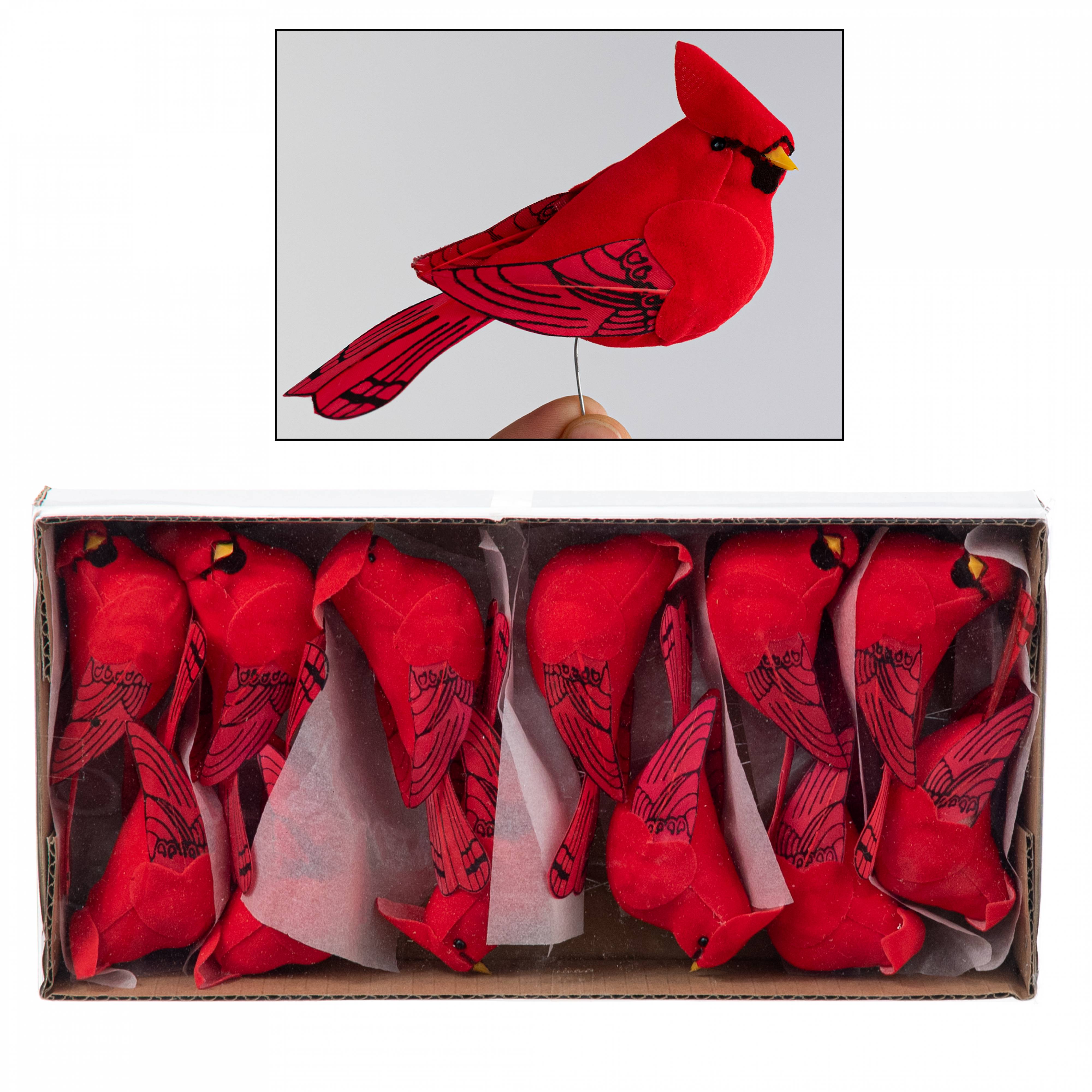 4.5" Velvet & Feather Chubby Cardinal Wired Ornaments (Box of 12)