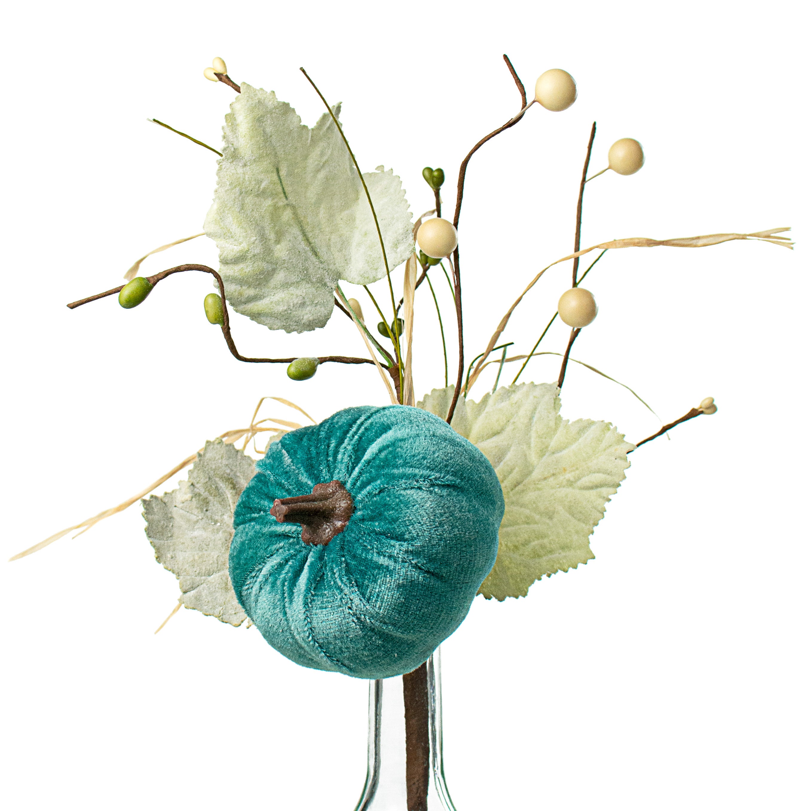 14" Velvet Pumpkin, Berry, Leaves Pick: Teal