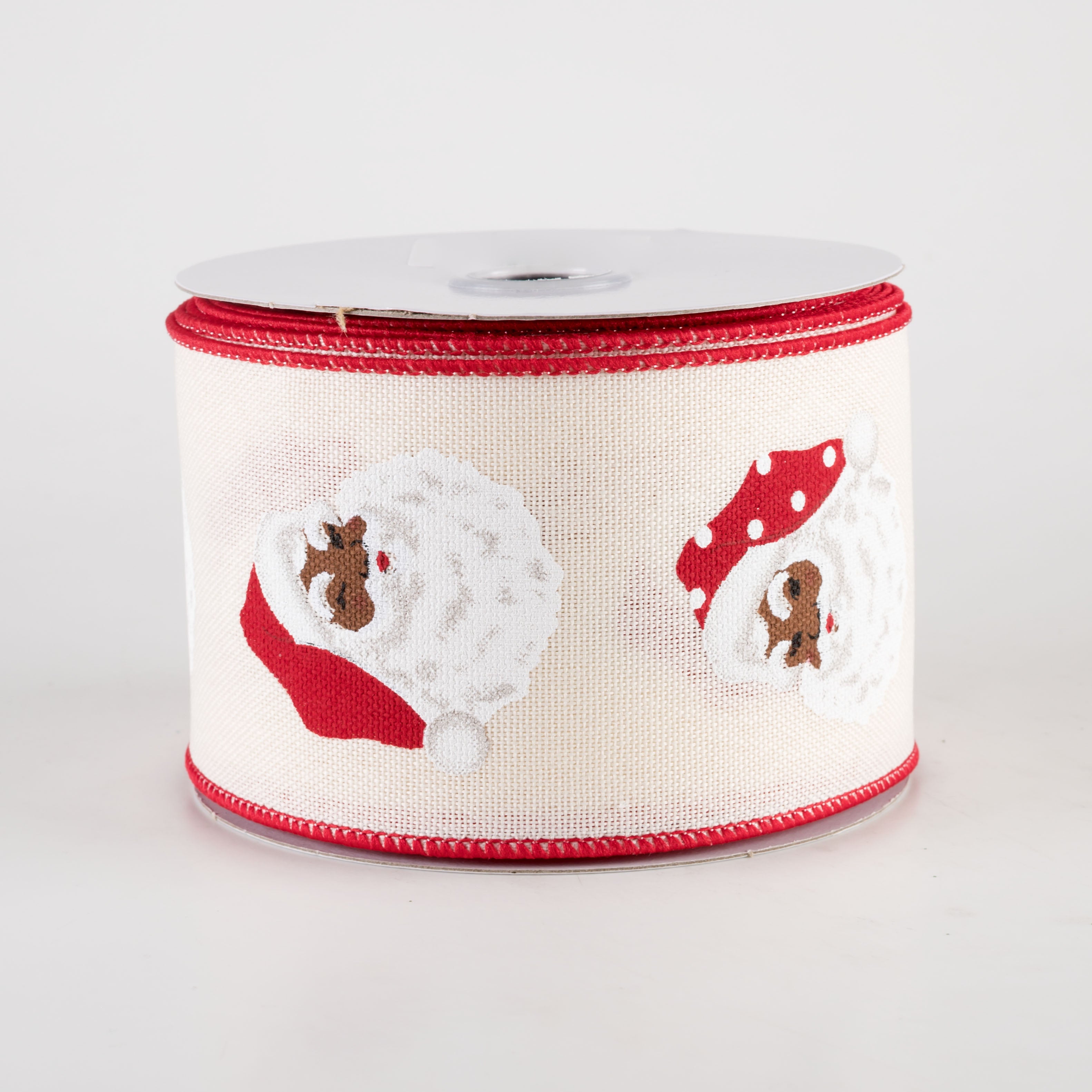 2.5" Vertical Brown Santa Head Ribbon: Ivory & Red (10 Yards)