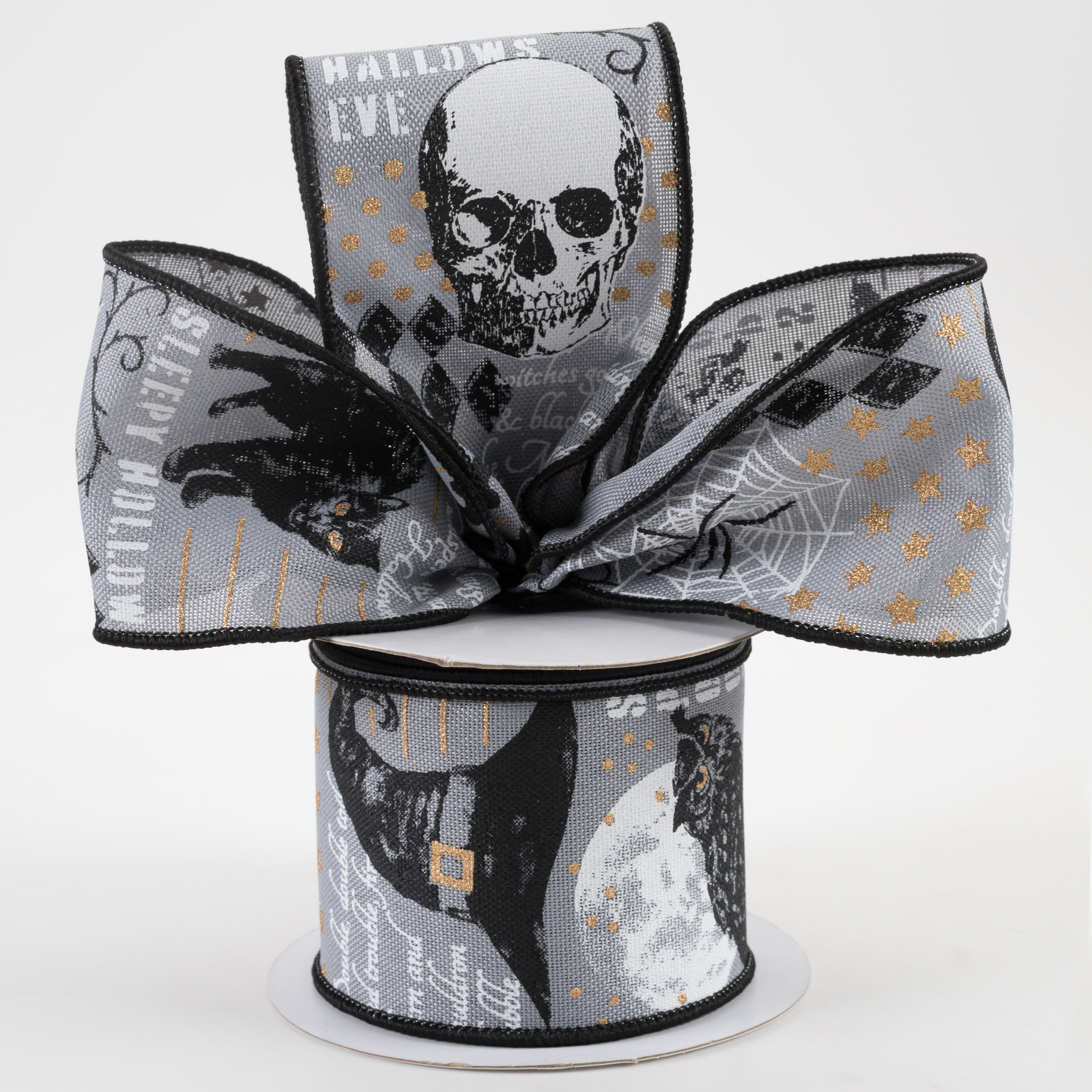 2.5" Vintage Halloween Ribbon: Grey, Black, Gold (10 Yards)