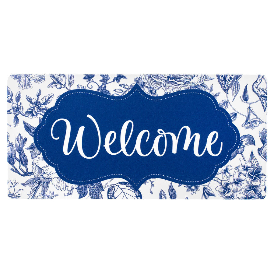 10.5" Waterproof Sign: Scalloped Welcome Blue Floral Chinoiserie