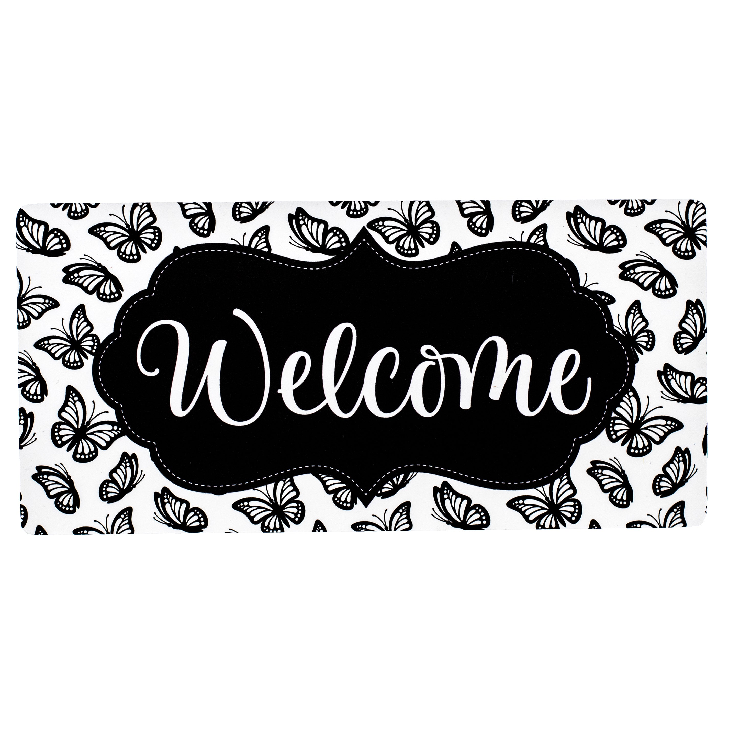 10.5" Waterproof Sign: Scalloped Welcome Monochrome Butterfly
