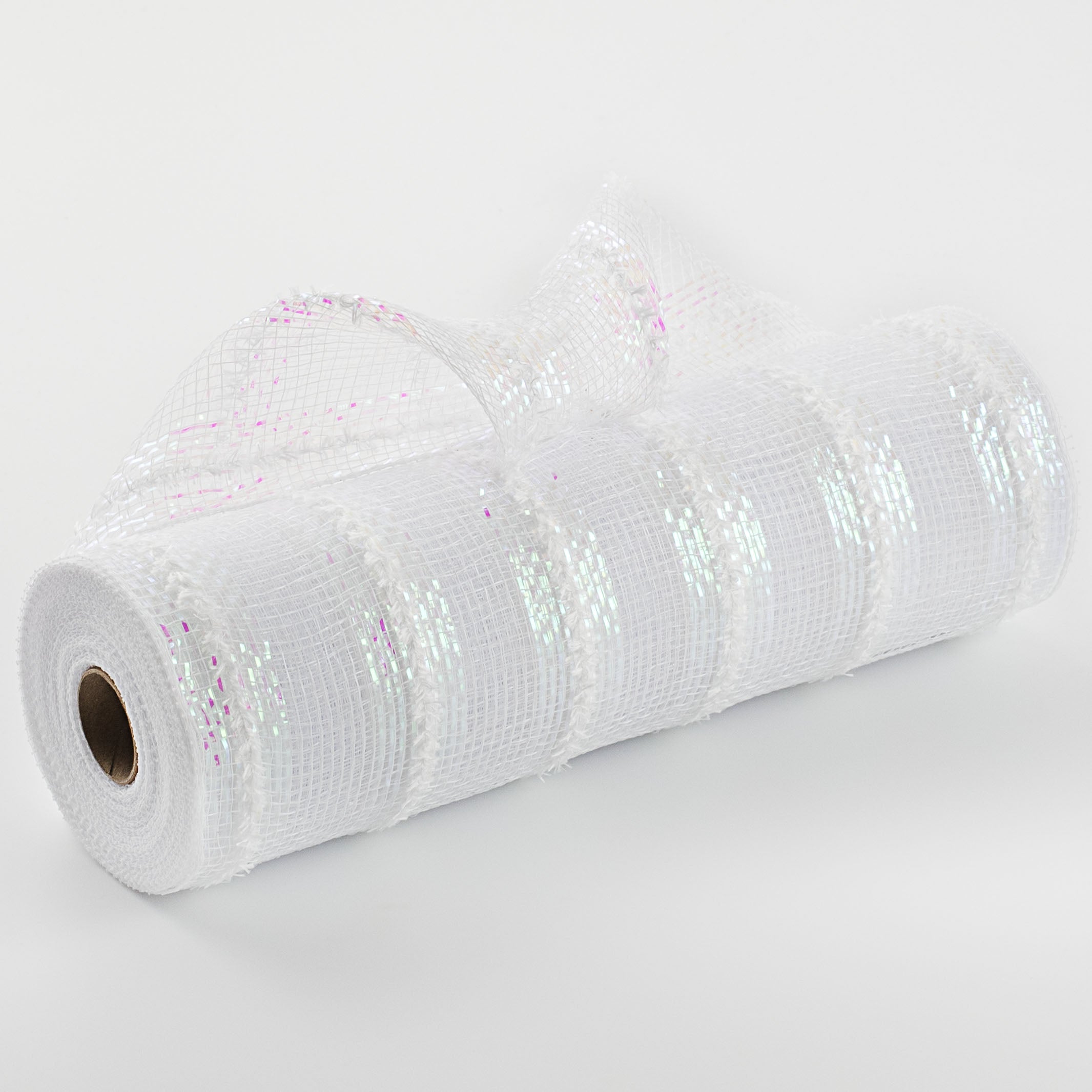 10" Wide Iridescent Fuzzy Stripe Mesh: White