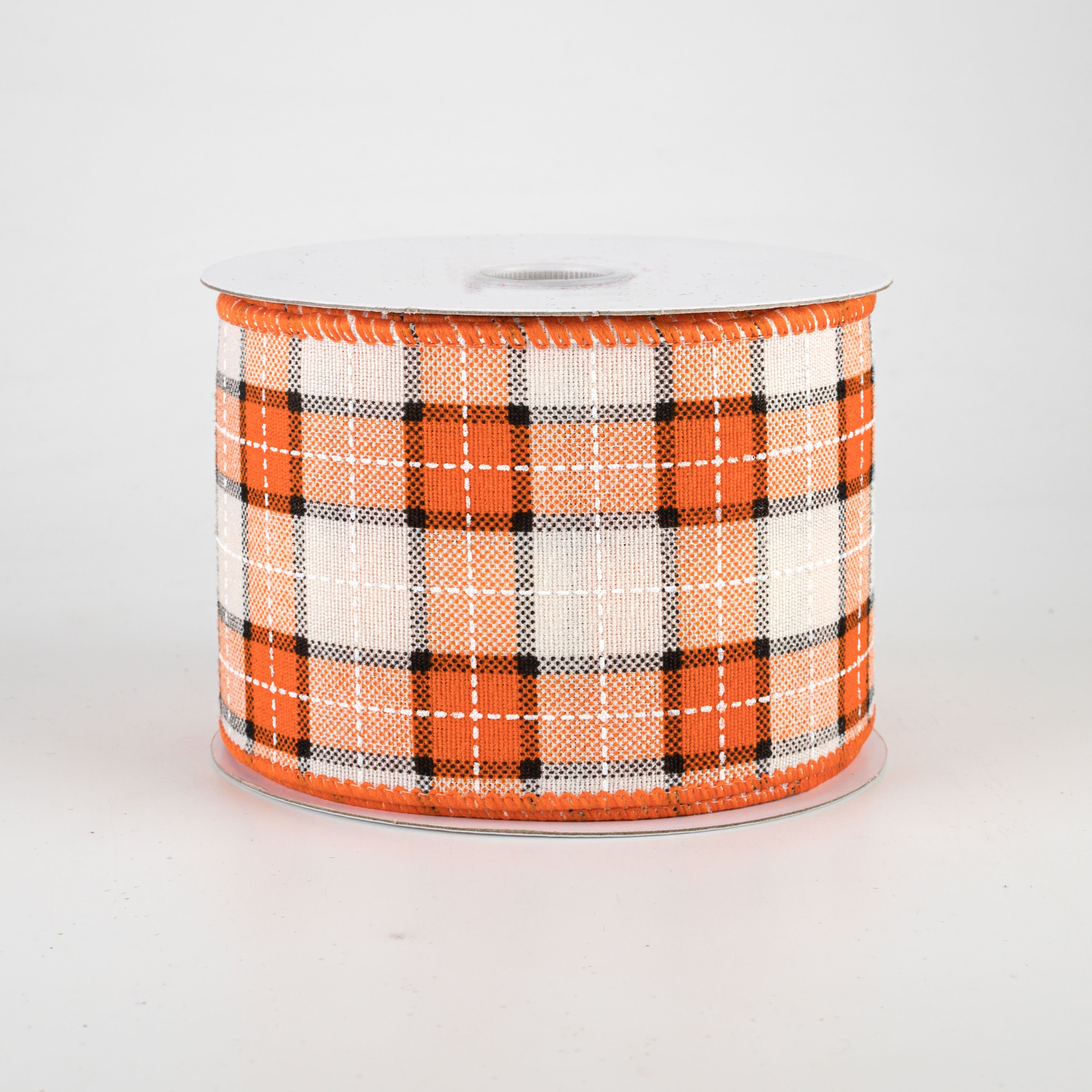 2.5" Windowpane Plaid Ribbon: Orange, Black, Cream (10 Yards)